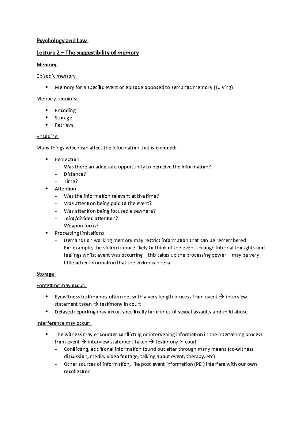 Lecture 2 - Suggestibility of memory - Psychology and Law Lecture 2 ...