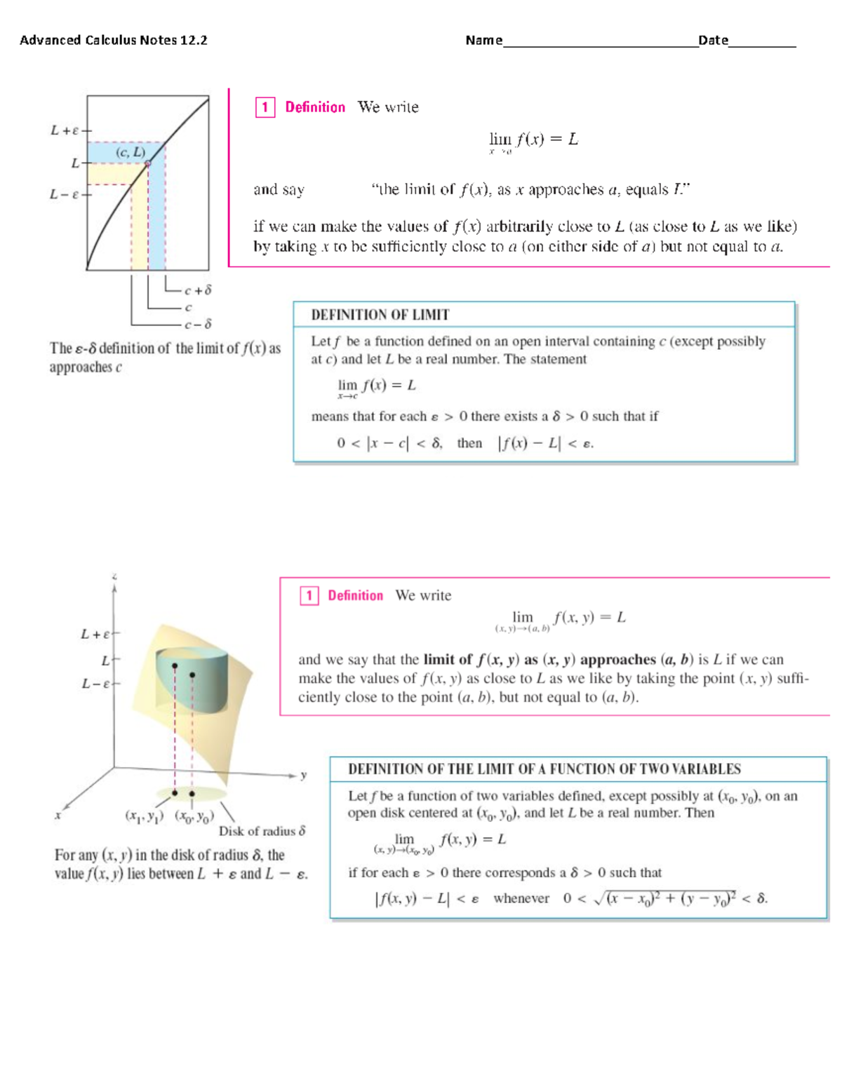 Limits & Continuity - Advanced Calculus Notes 12 Name ...