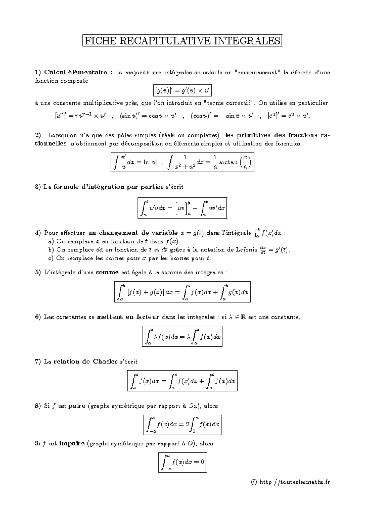 Fiche récapitulative intégrales - FICHE RECAPITULATIVE INTEGRALES Calcul ÈlÈmentaire : la ...