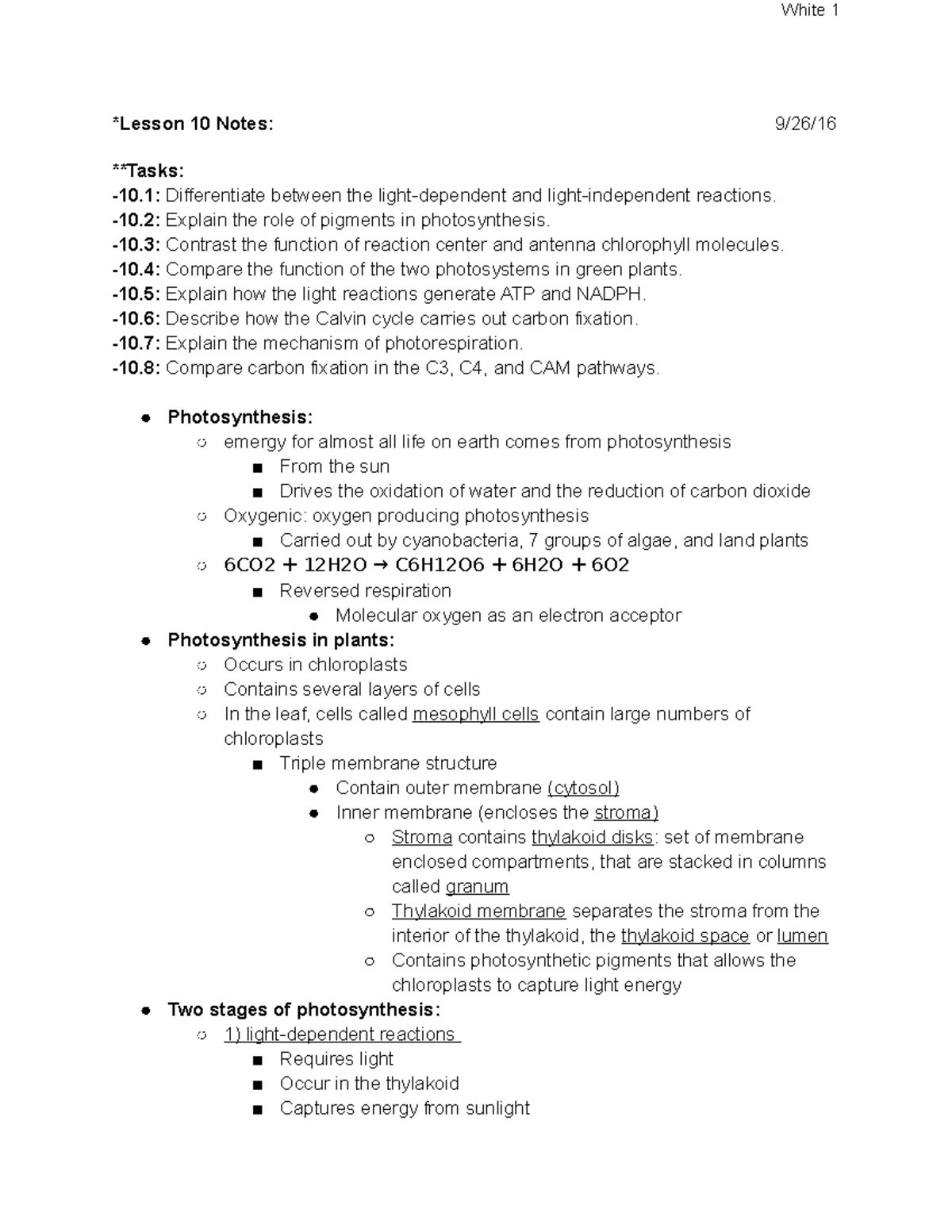 Lesson 10 - Lecture notes 1 - White 1 *Lesson 10 Notes: 9/26/16 **Tasks ...