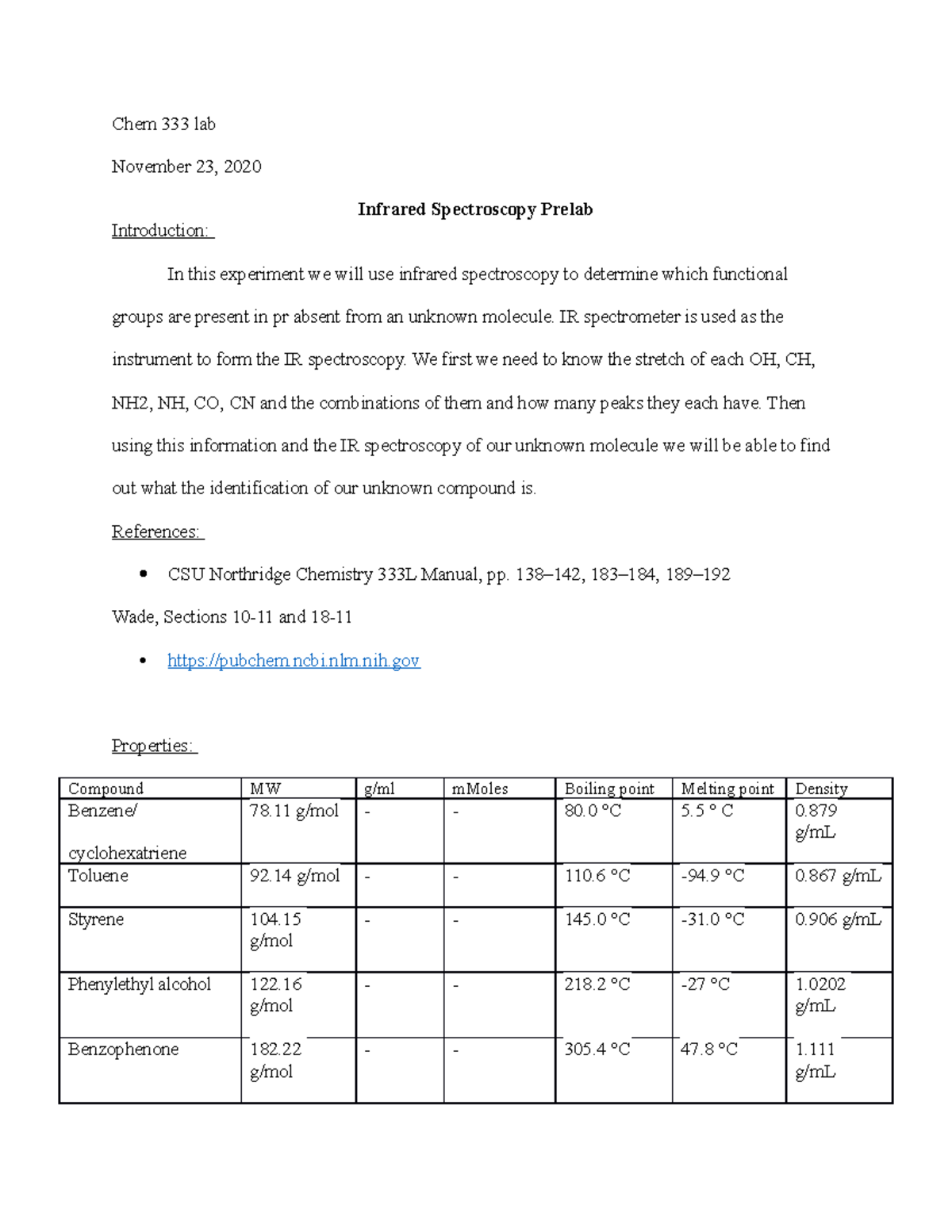 Infrared Spectroscopy Prelab - Chem 333 lab November 23, 2020 Infrared ...