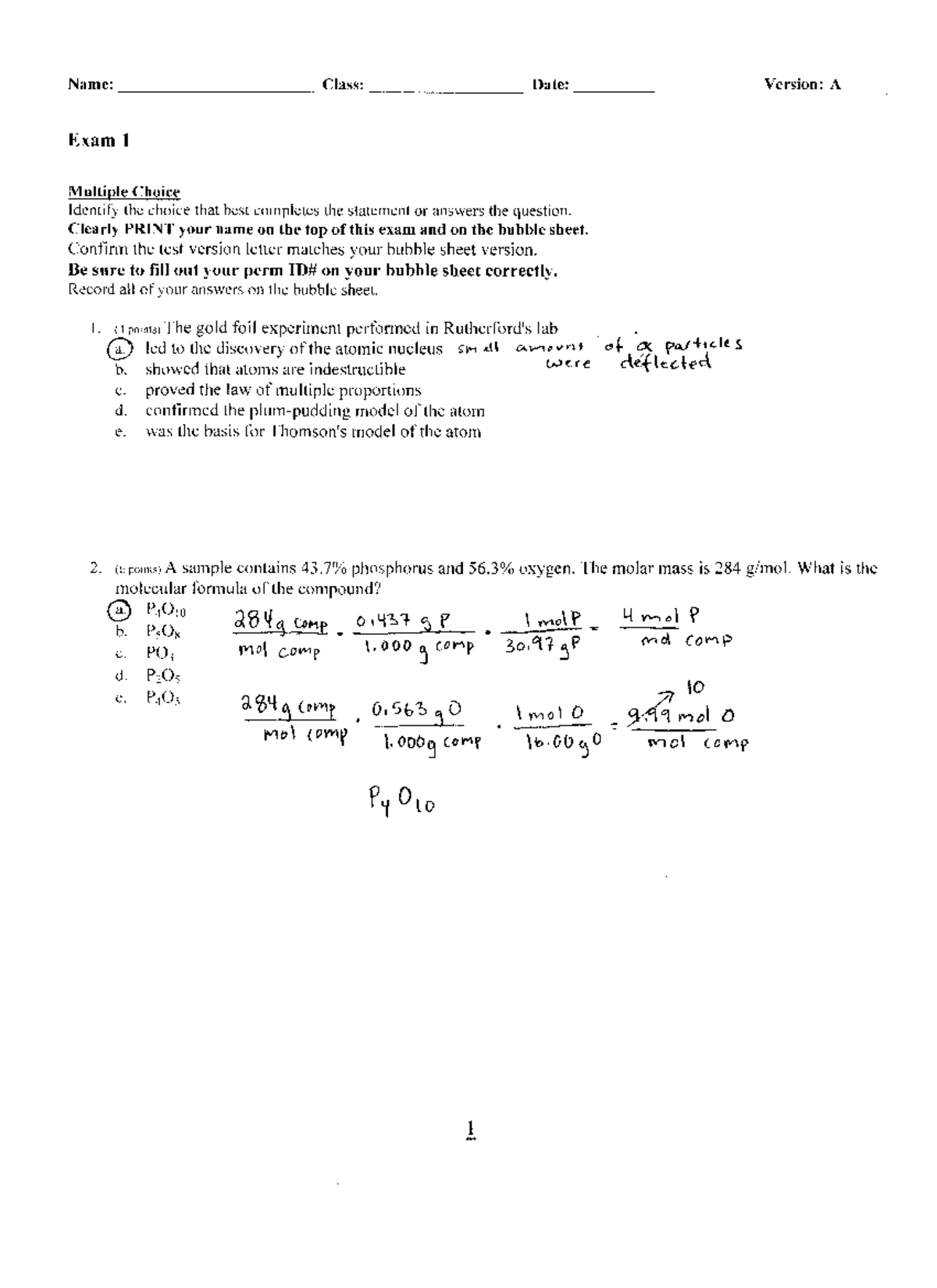 Exam 1A Worked Out - Practice Exam Answers - Name: __________ Class: ________ Date: ___ _ Exam 1 ...