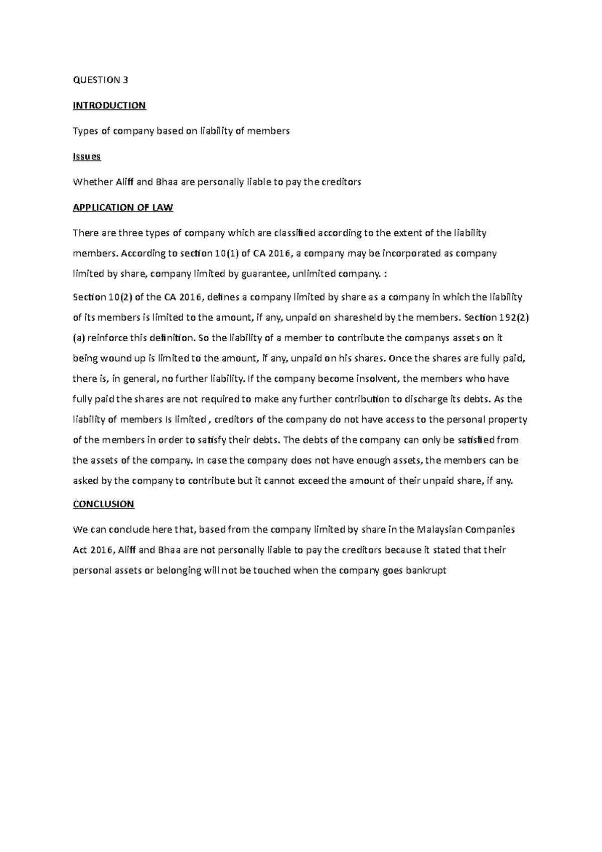 LAW346 - Tutorial in a textbook - QUESTION 3 INTRODUCTION Types of company based on liability of ...