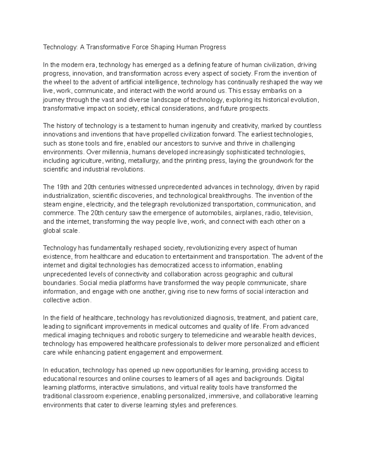 Technology A Transformative Force Shaping Human Progress - From the ...