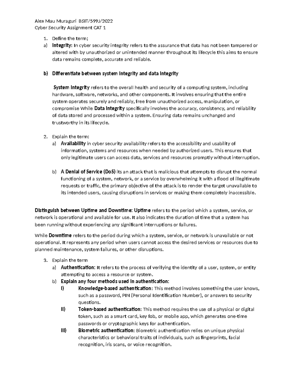 Introduction to Cyber Security - Alex Mau Muraguri BSIT/599J/ Cyber Security Assignment CAT 1 1 ...