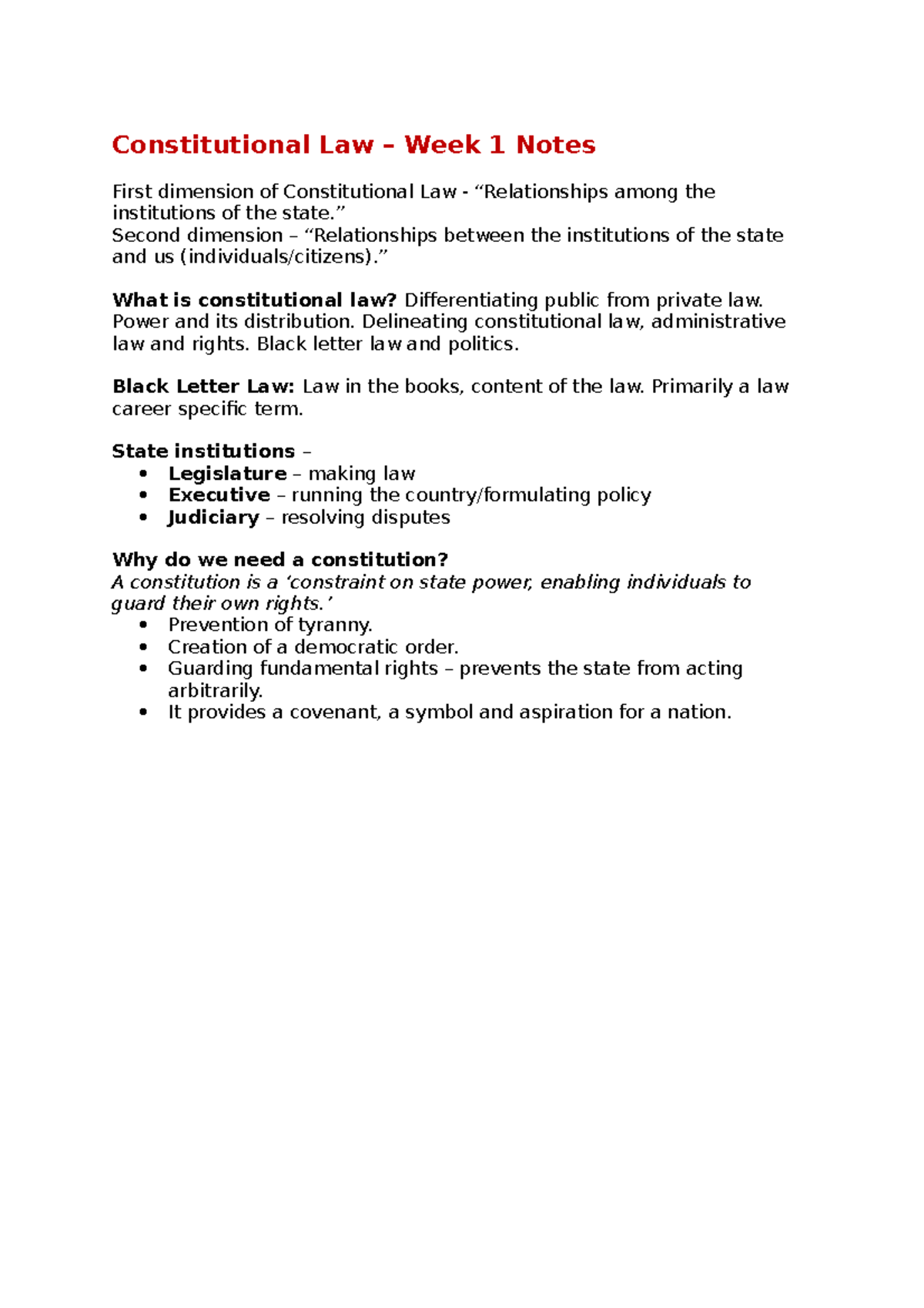 Constitutional Law Week 1 Notes - Constitutional Law – Week 1 Notes ...