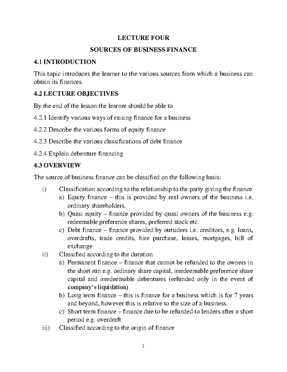 Sources OF Business Finance - LECTURE FOUR SOURCES OF BUSINESS FINANCE ...