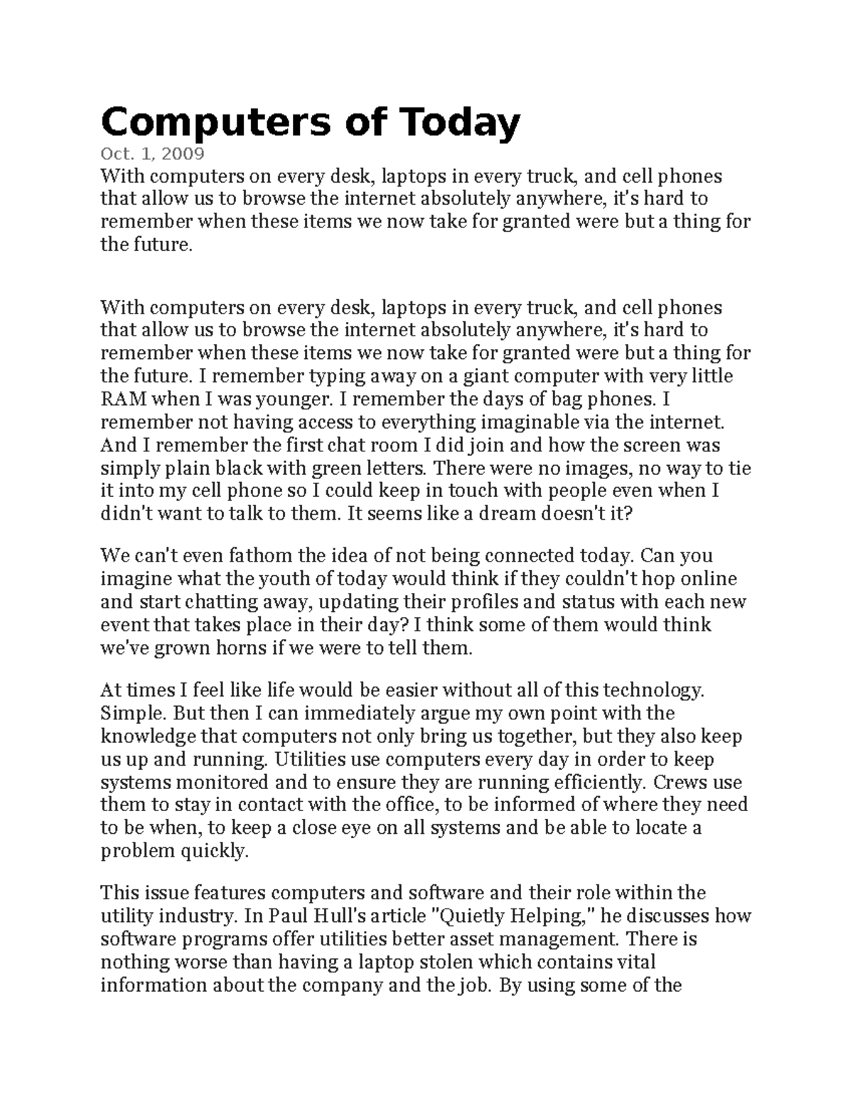 Computers of Today - Computers of Today Oct. 1, 2009 With computers on ...