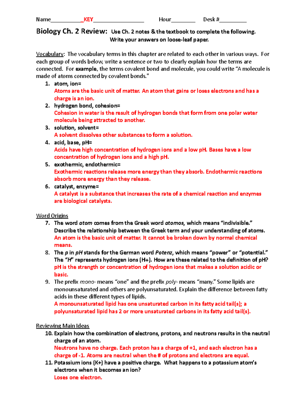 Biology Ch. 2 Review Questions KEY - Name___________KEY ...