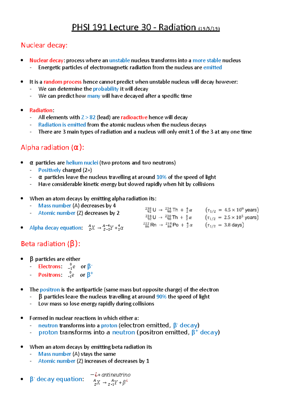 PHSI 191 Lecture 30 - PHSI191 - PHSI 191 Lecture 30 - Radiation (19/5/19) Nuclear decay: Nuclear ...