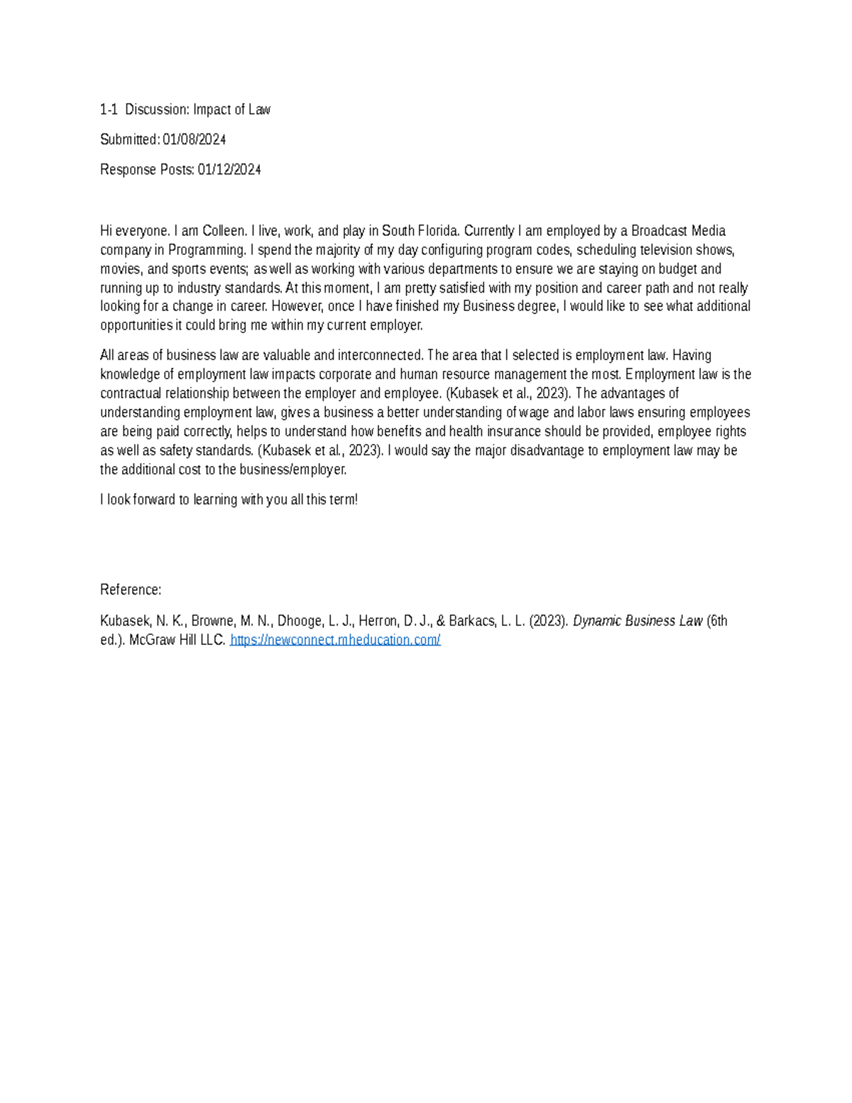 1-1 Discussion Impact of Law - 1-1 Discussion: Impact of Law Submitted ...