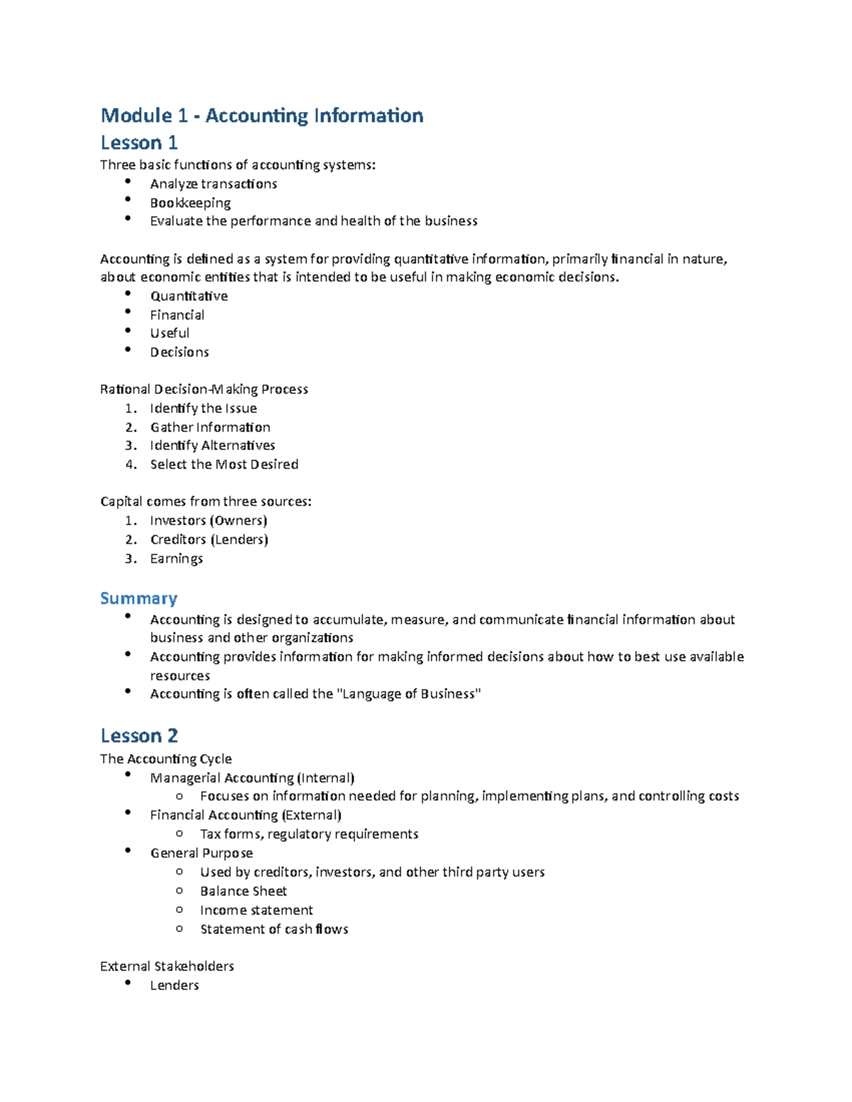 D196 - Notes - Module 1 - Accounting Information Lesson 1 Three basic ...
