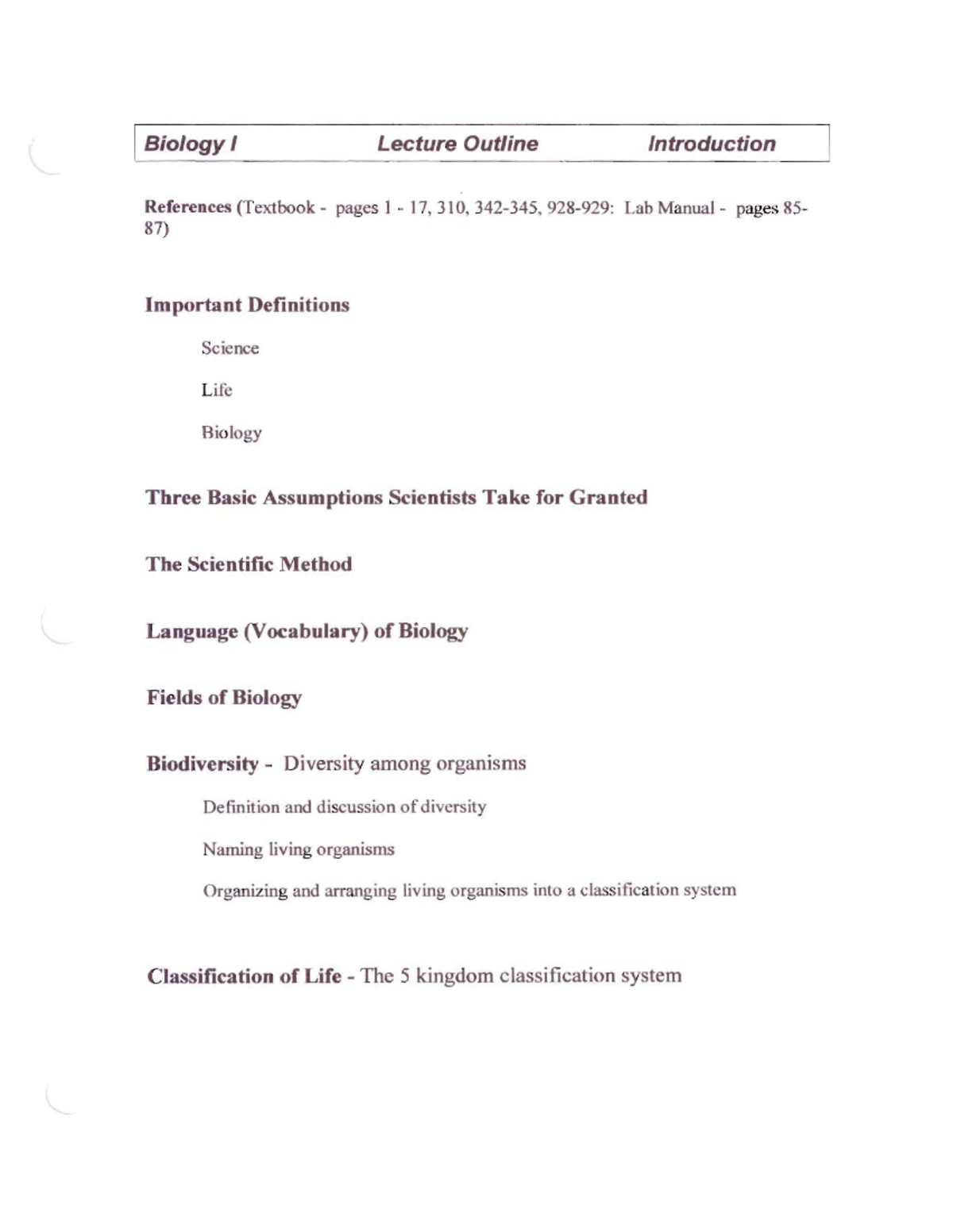 01 Introduction Lecture Notes - I Biology I Lecture Outline ...