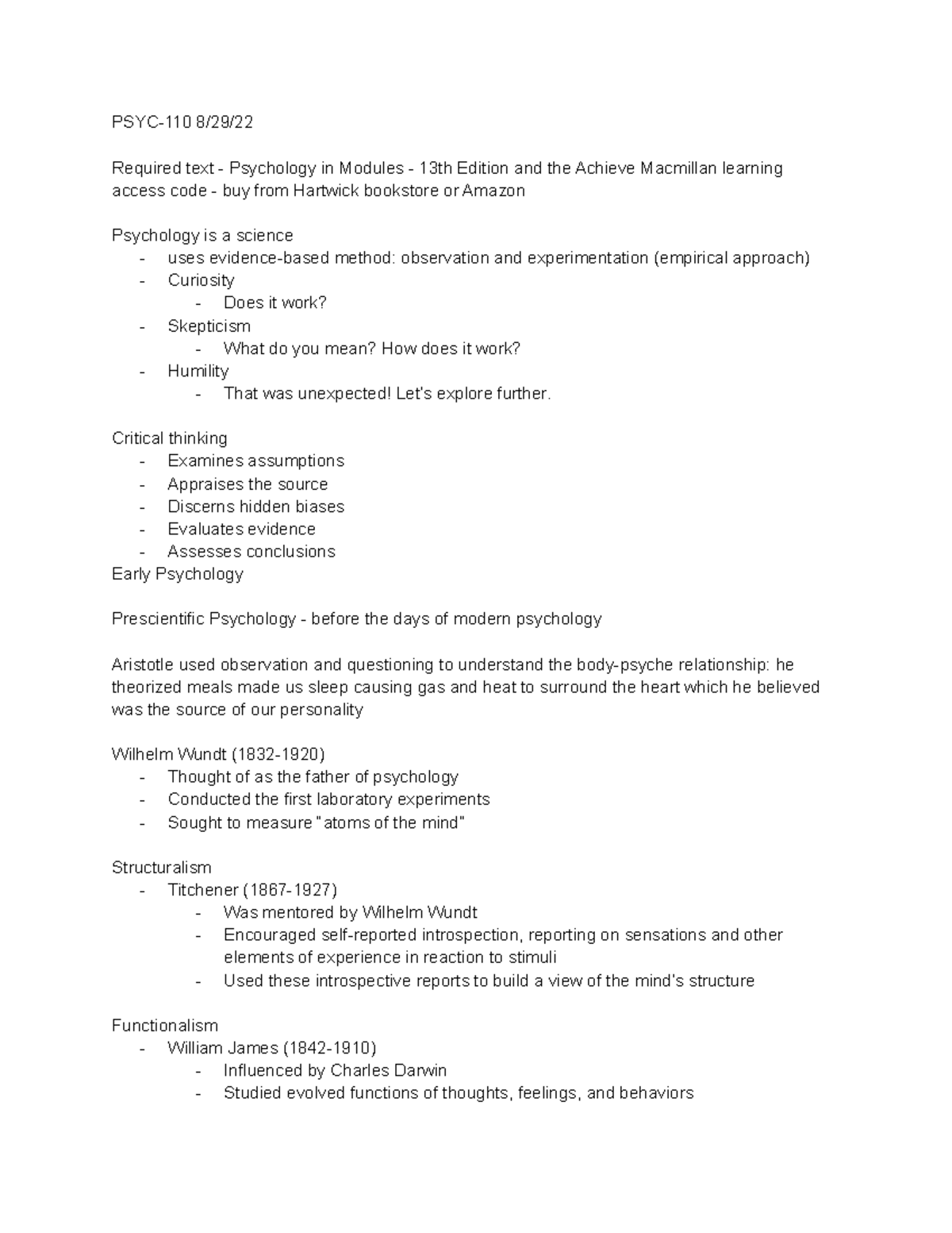 PSYC-110 8 29 22 - Psychological Sciences I notes - PSYC-110 8/29 ...