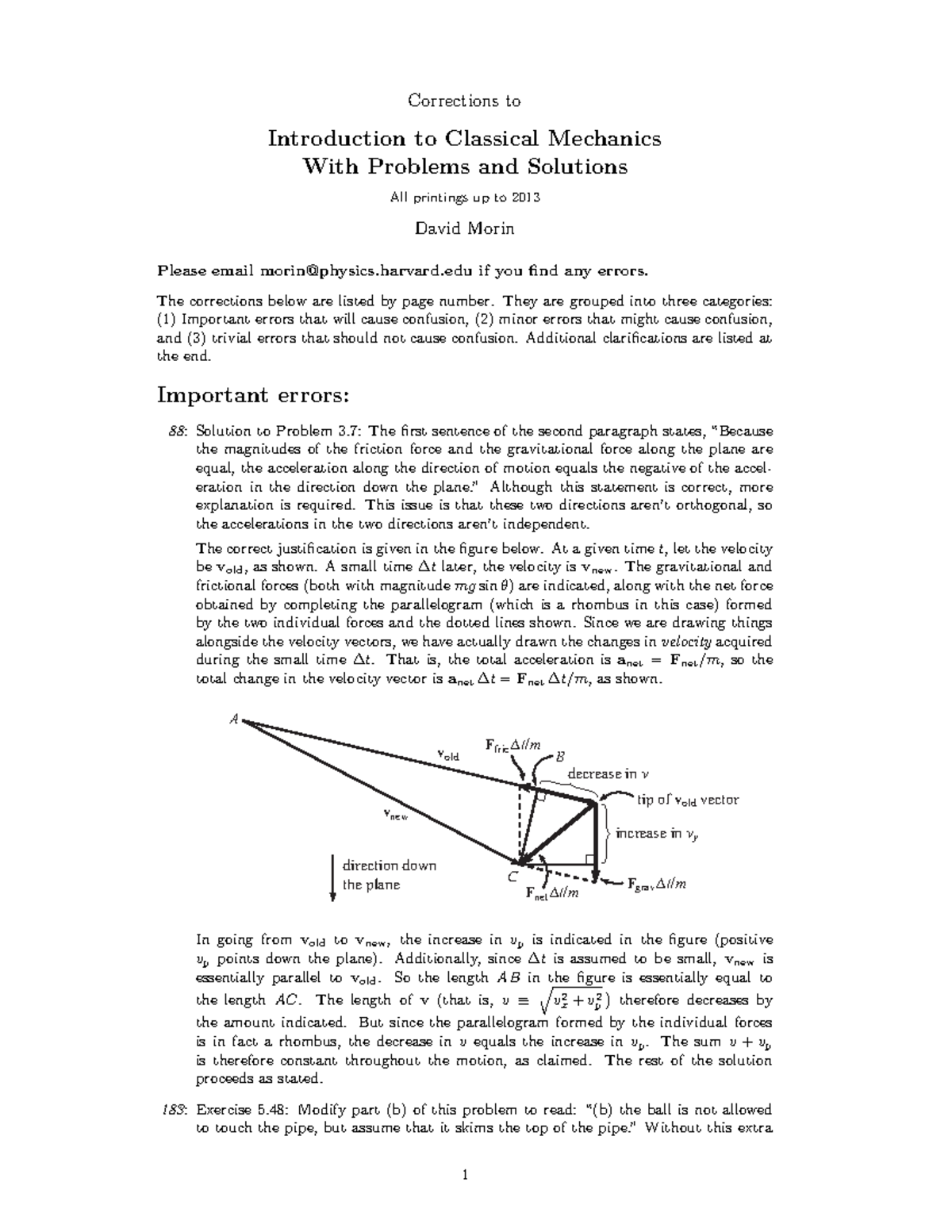 Classical Mechanics Introduction - Corrections to Introduction to ...