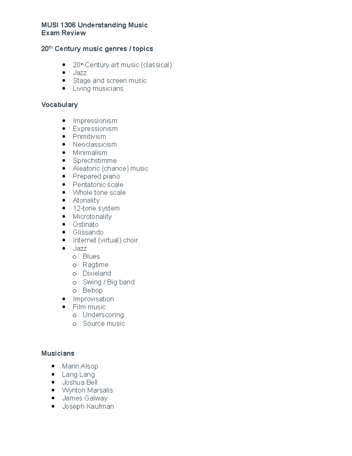 Final Exam Review - MUSI 1306 Understanding Music Exam Review 20 th ...