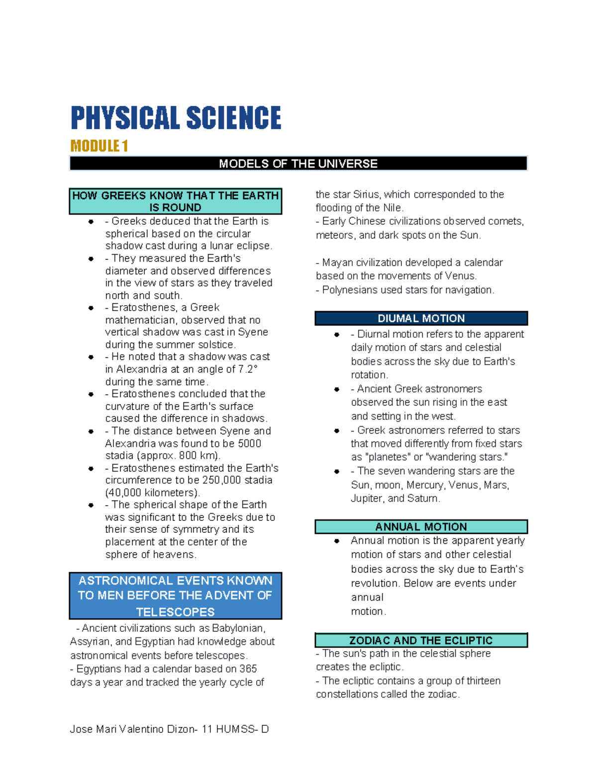 REVIEWR IN PHYSICAL SCIENCE - PHYSICAL SCIENCE MODULE 1 MODELS OF THE ...