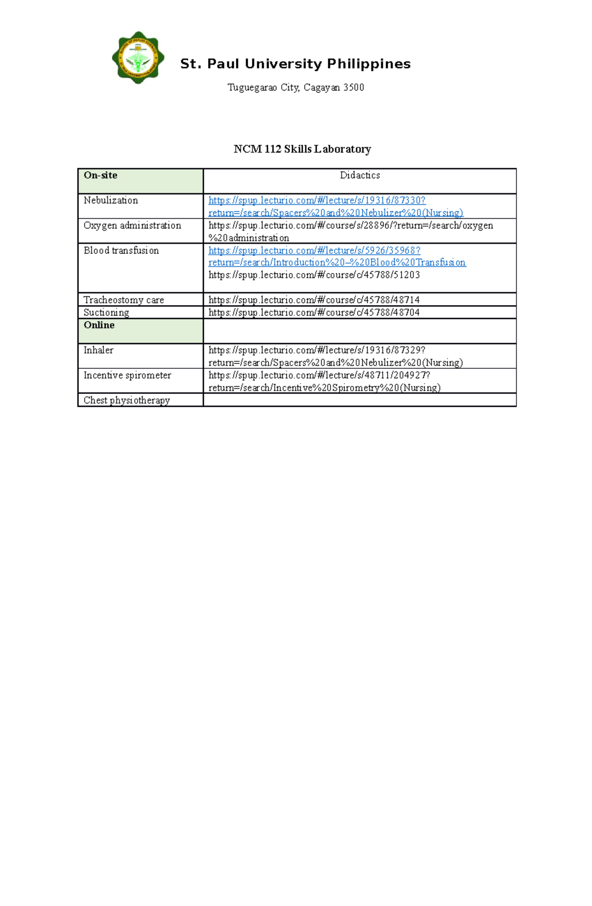 NCM 112 Skills checklist 1 - Tuguegarao City, Cagayan 3500 NCM 112 ...