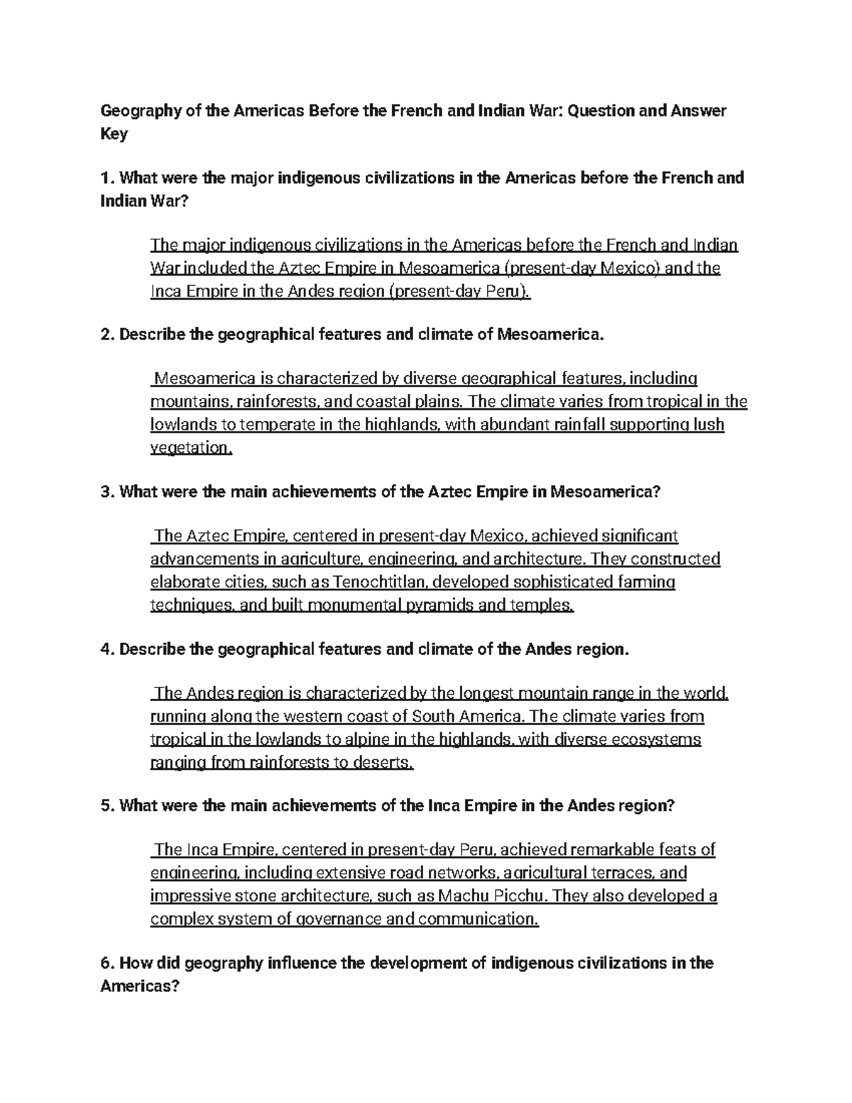 Geography of the Americas Before the French and Indian War Question and ...