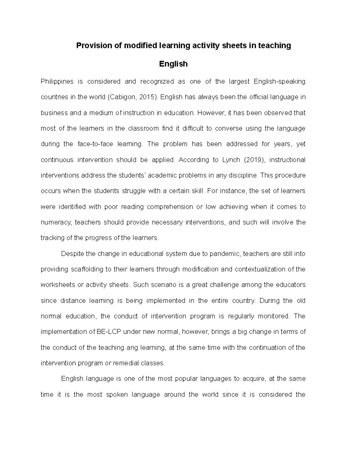 Provision of modified learning activity sheets in teaching English ...