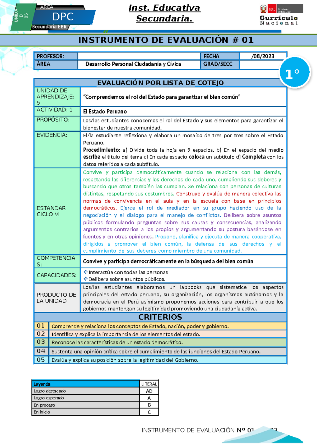 1º DPCC- LC ACT.1 UNI 5 - SEM 01 - DPC Secundaria EBR ÁREA UNIDA D 05 Inst. Educativa Secundaria ...