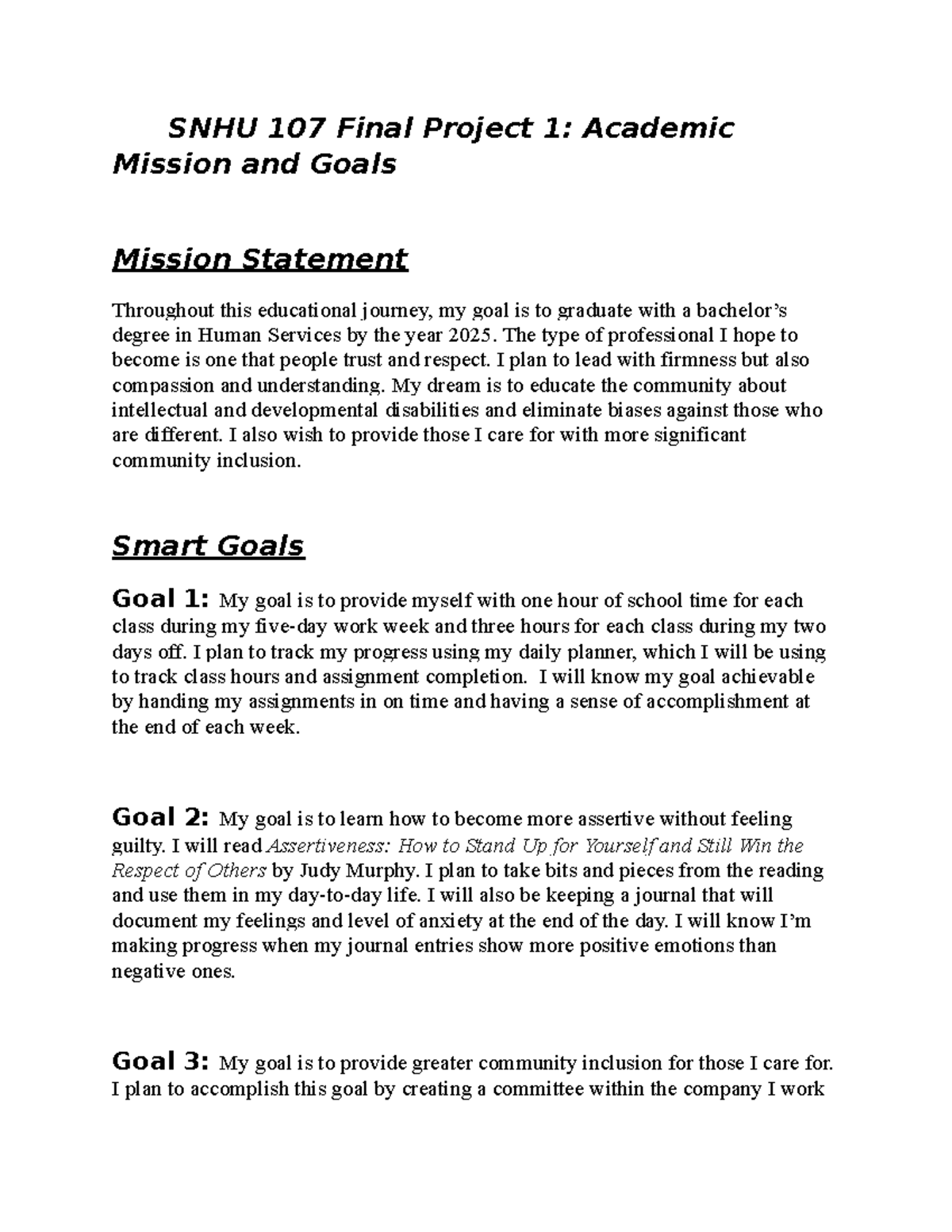 Mission Statement - SNHU 107 Final Project 1: Academic Mission and ...