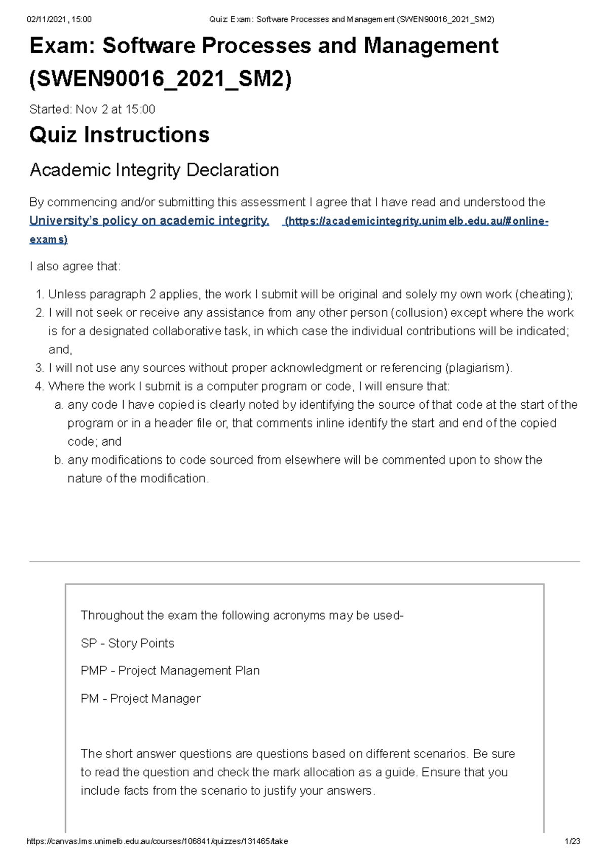 Quiz Exam Software Processes and Management (SWEN90016 2021 SM2) - Exam: Software Processes and ...