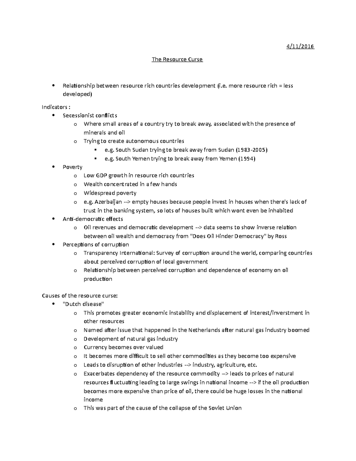 10. The Resource Curse - Lecture notes 10 - 4/11/ The Resource Curse ...