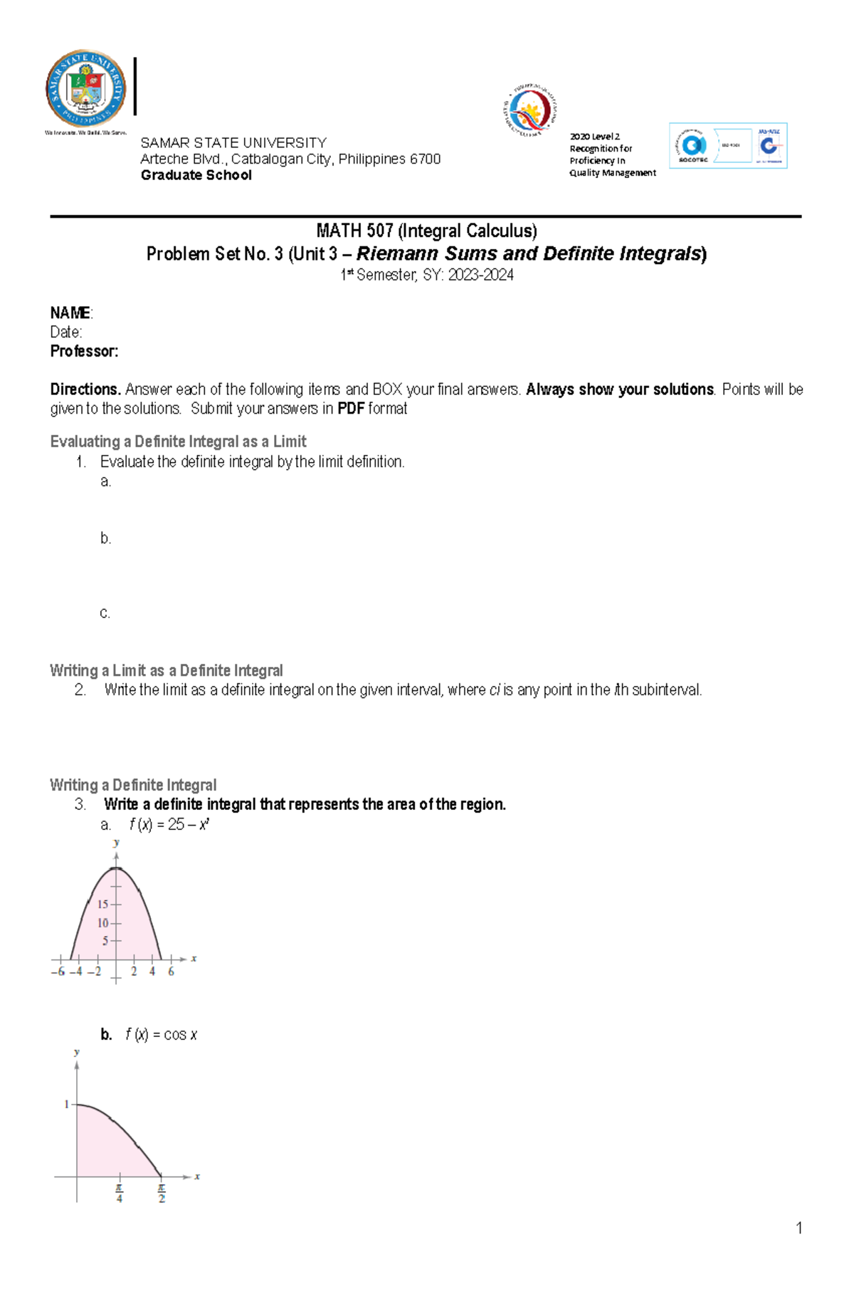 MATH 507 Integral-Calculus Problem-Set-3 Ansnwer-Sheet - 1 SAMAR STATE ...
