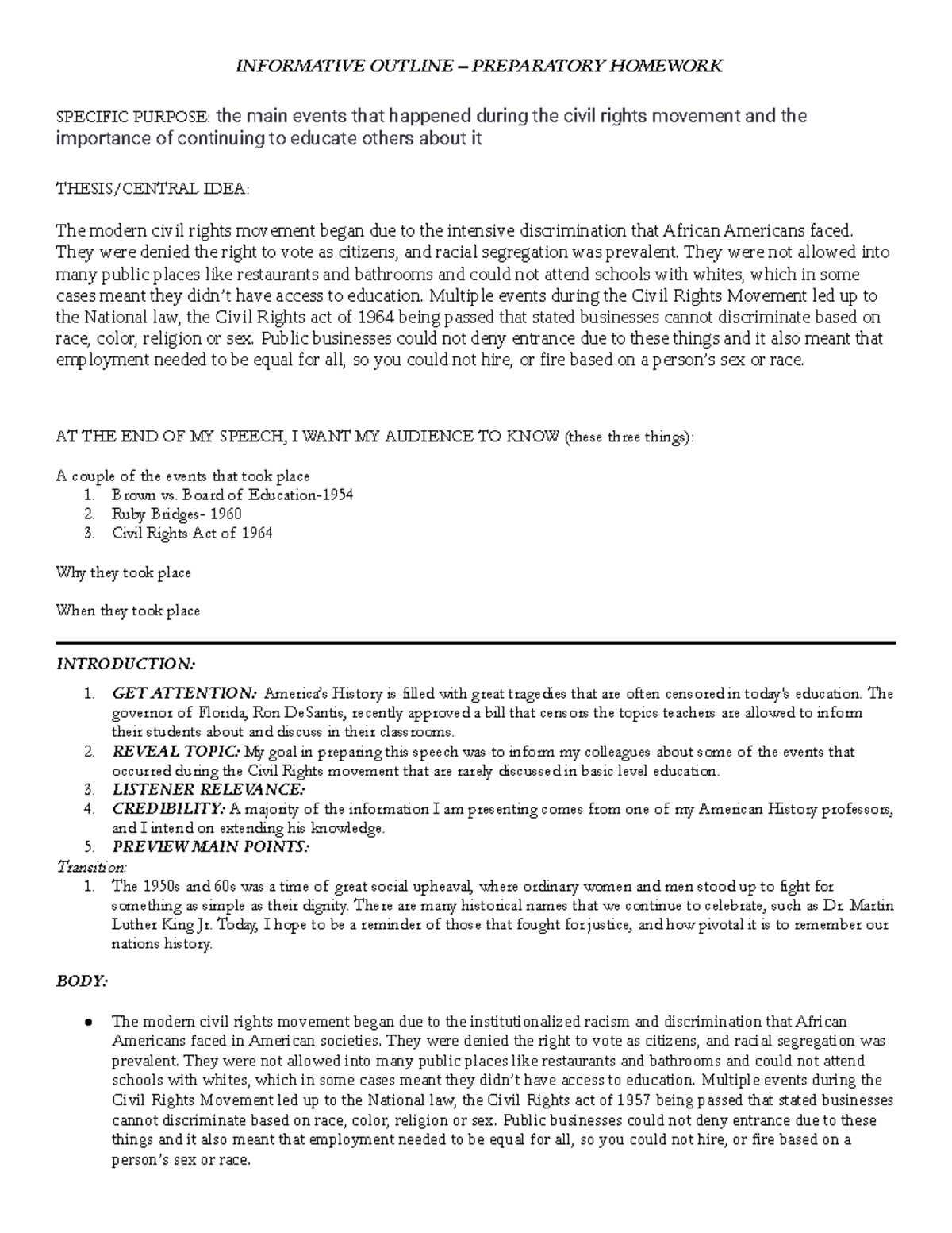 Informative Outline Homework - INFORMATIVE OUTLINE – PREPARATORY ...