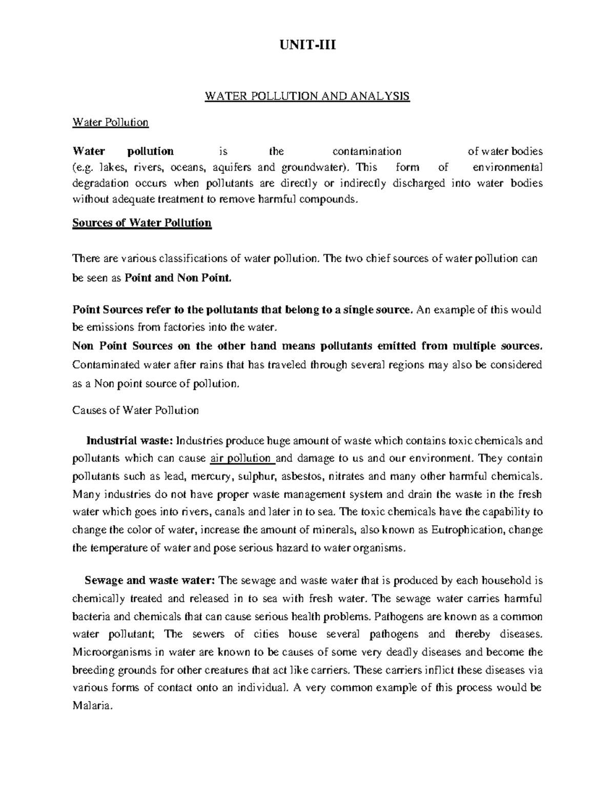 Water Pollution AND Analysis Notes - Malaria. UNIT-III WATER POLLUTION ...