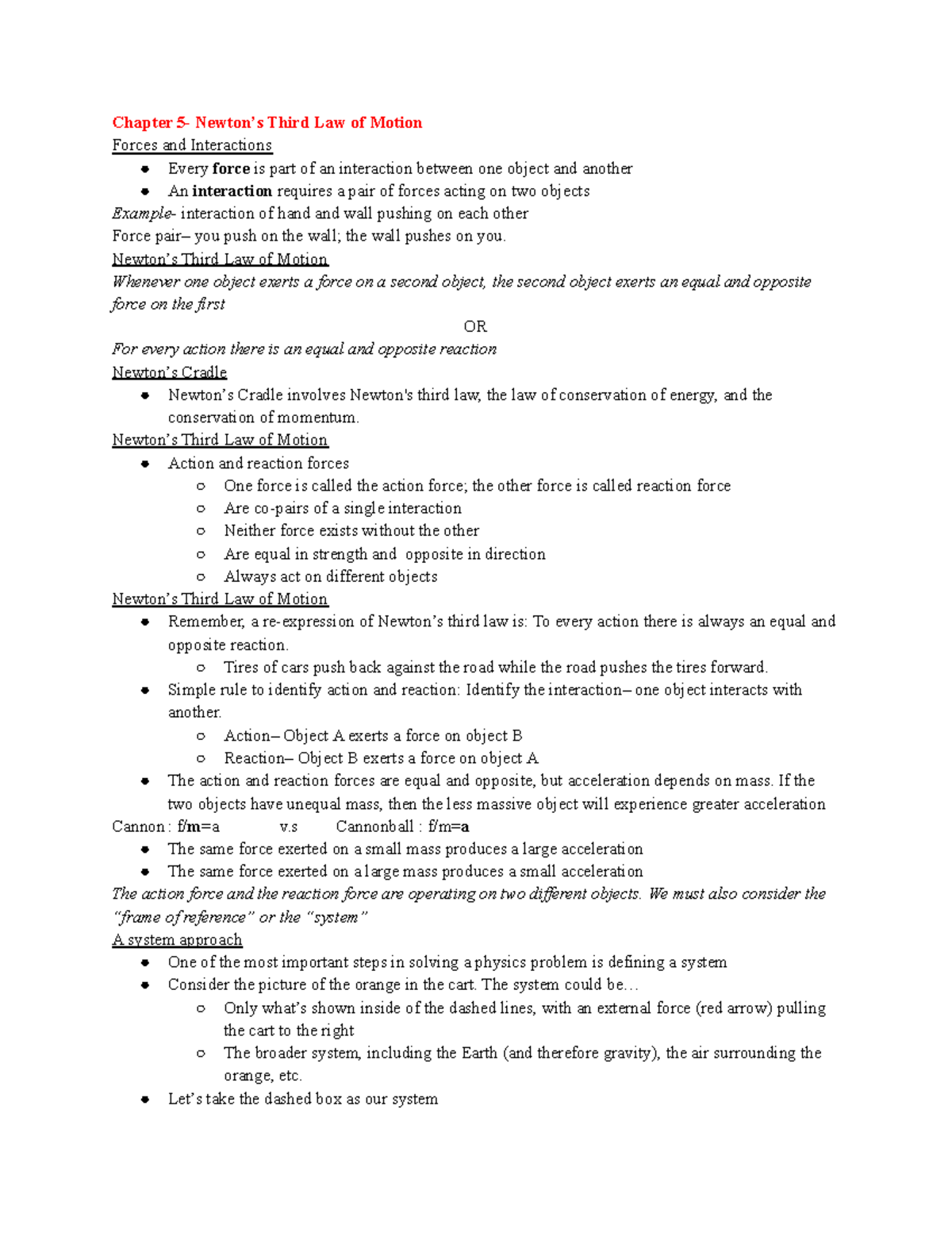 Physics Chapter 5 and 6 Notes - Chapter 5- Newton’s Third Law of Motion ...