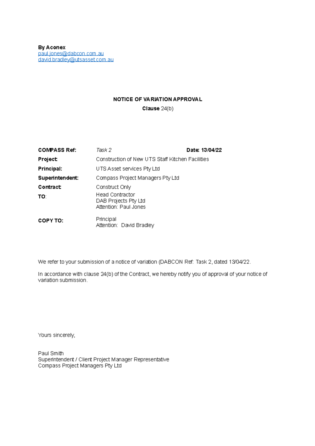 Task 2 - Figure 7 - Notice of Head Contract Variation Approval Template ...