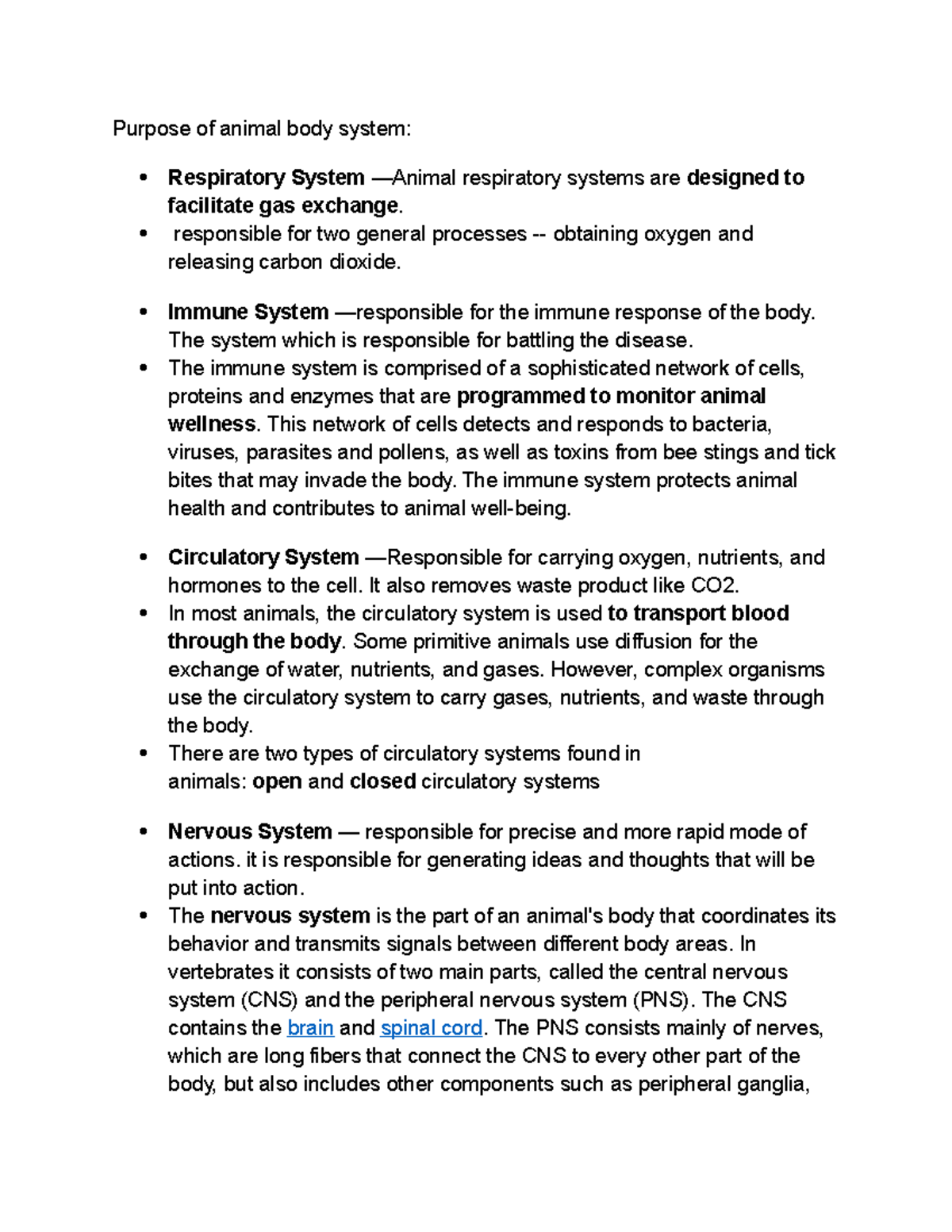 Purpose of animal body system - responsible for two general processes ...