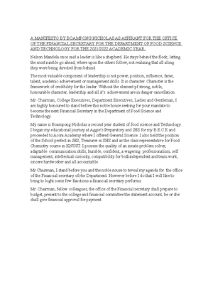 Sample Manifesto - A MANIFESTO BY BOAMPONG NICHOLAS AS ASPIRANT FOR THE ...