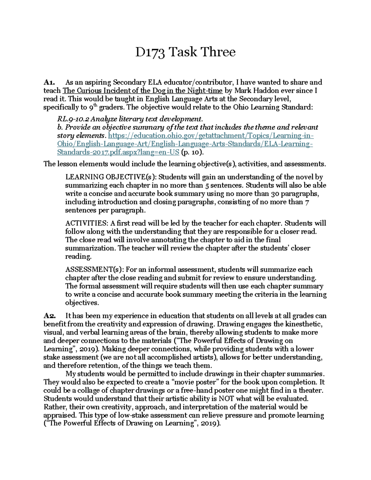 D543 task 3 passed - D173 Task Three A1. As an aspiring Secondary ELA ...