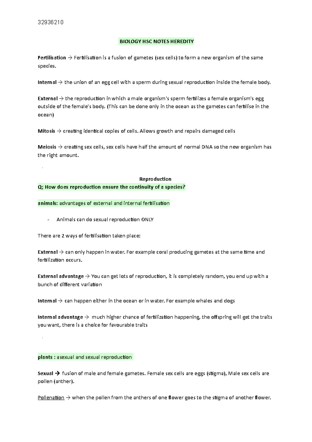 Biology HSC Notes - nice - BIOLOGY HSC NOTES HEREDITY Fertilisation → ...