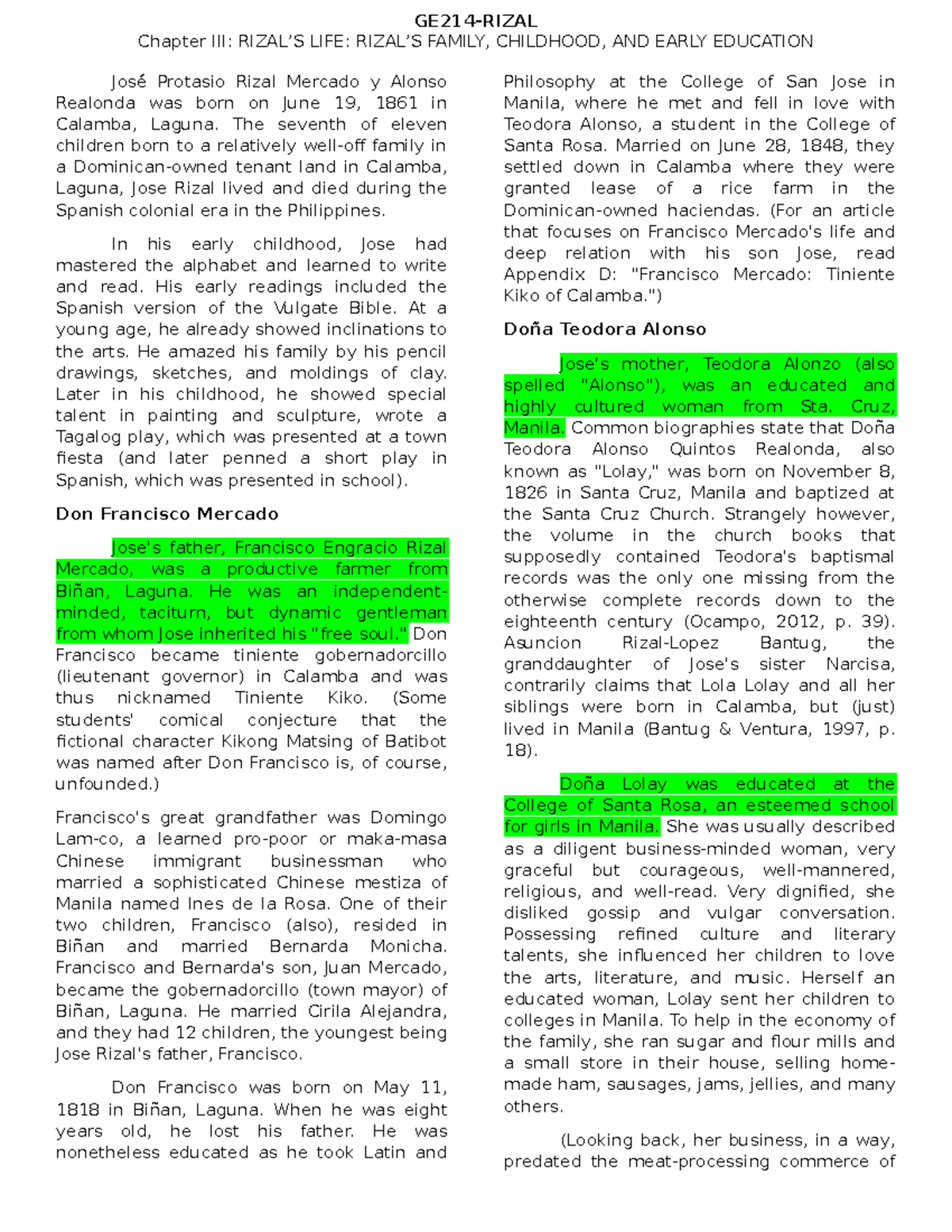 Rizal Chapter III Highlighted - Chapter III: RIZAL’S LIFE: RIZAL’S ...