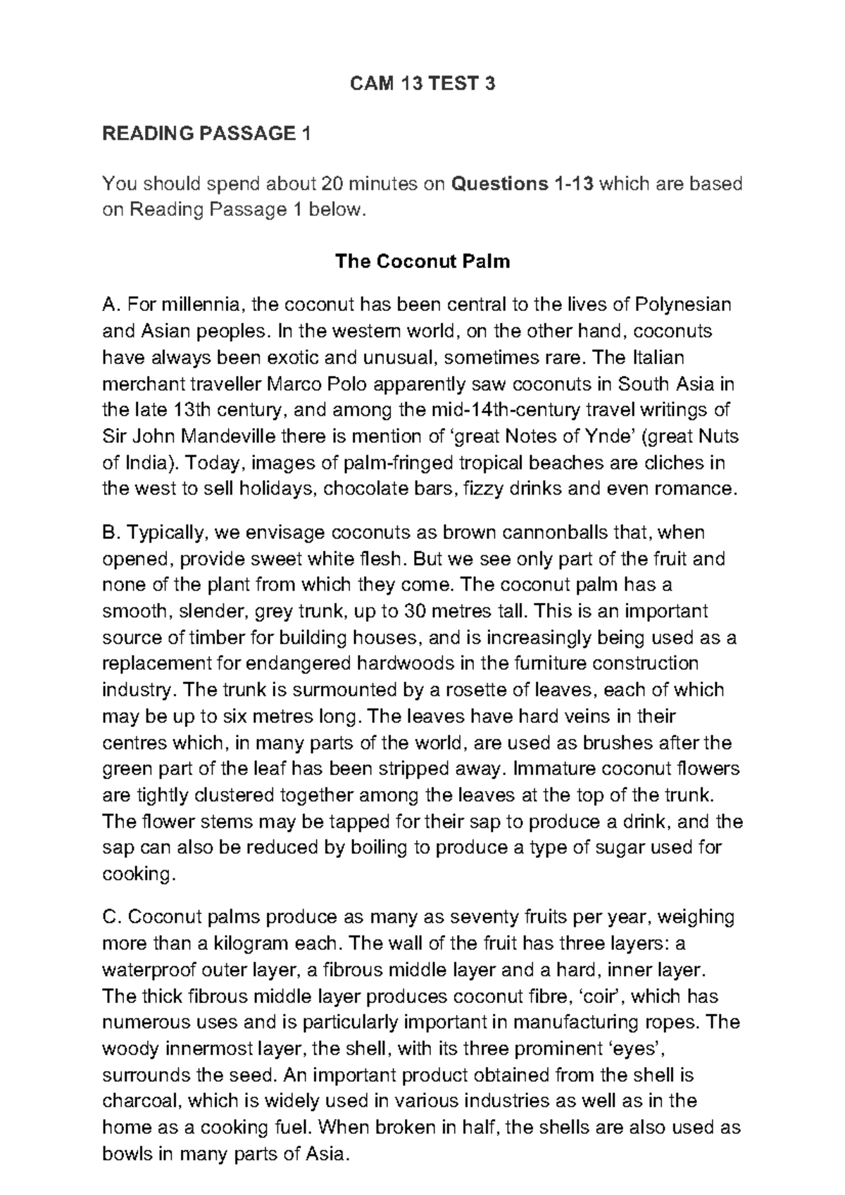 CAM 13 TEST 3 - Cam 13 - CAM 13 TEST 3 READING PASSAGE 1 You should ...