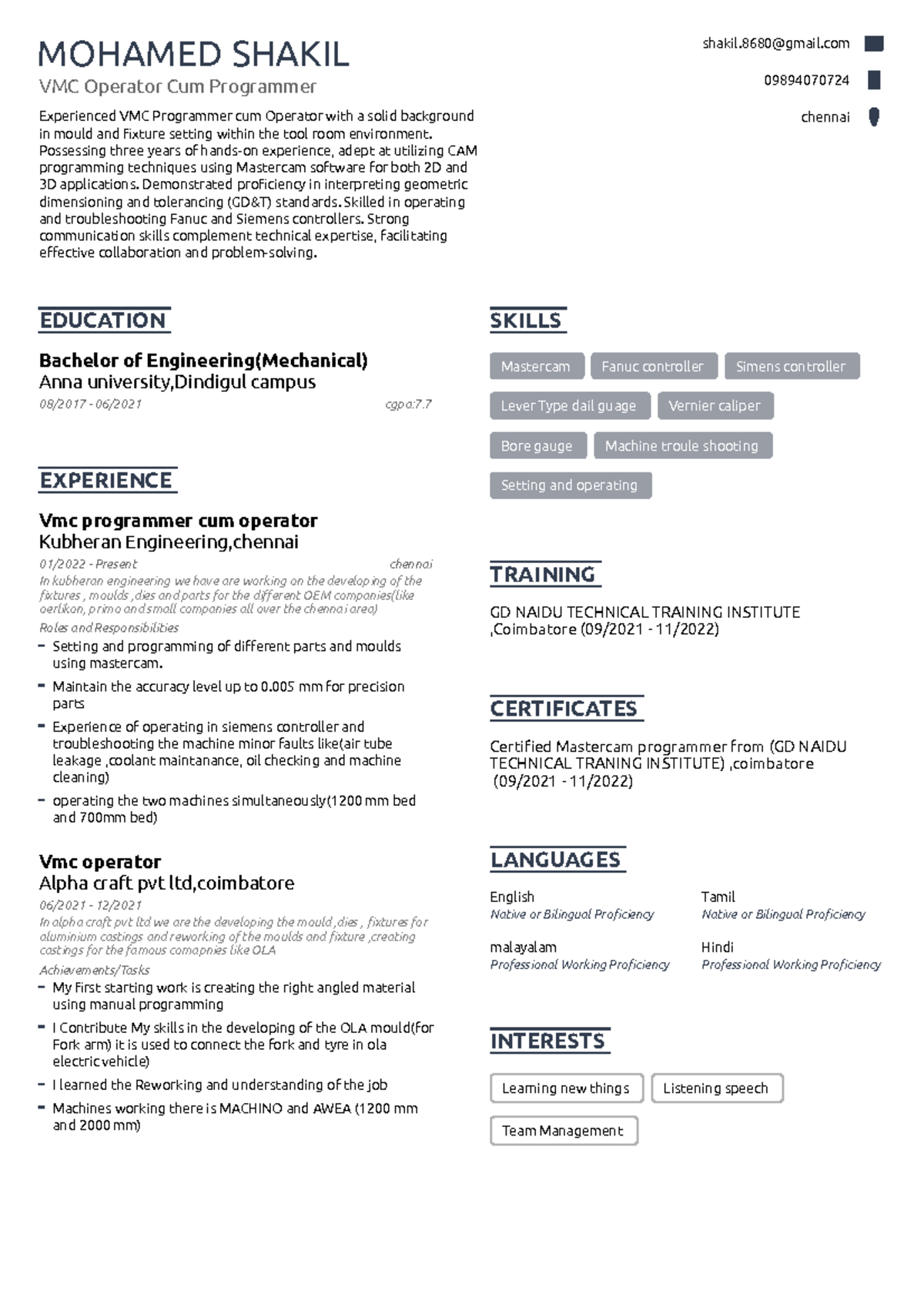 Resume Mechanical - YUBHXCPSCISAHCSAI - MOHAMED SHAKIL VMC Operator Cum ...