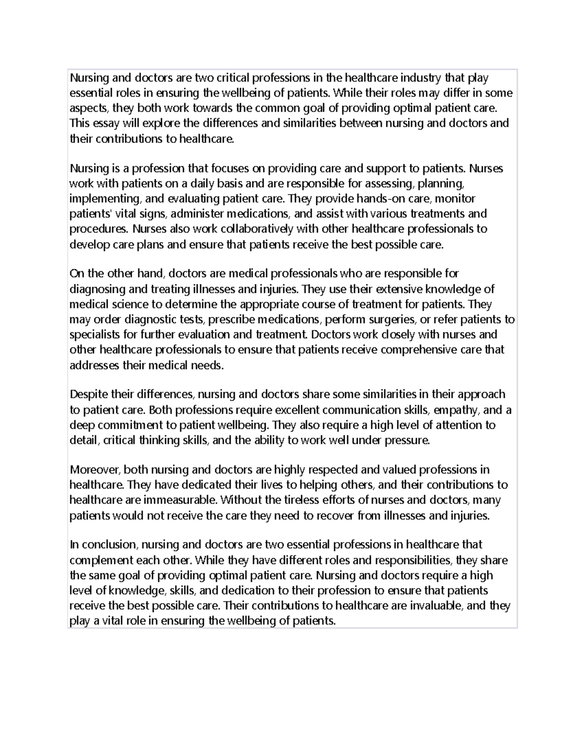 Doc2 - in class assignment - Nursing and doctors are two critical ...