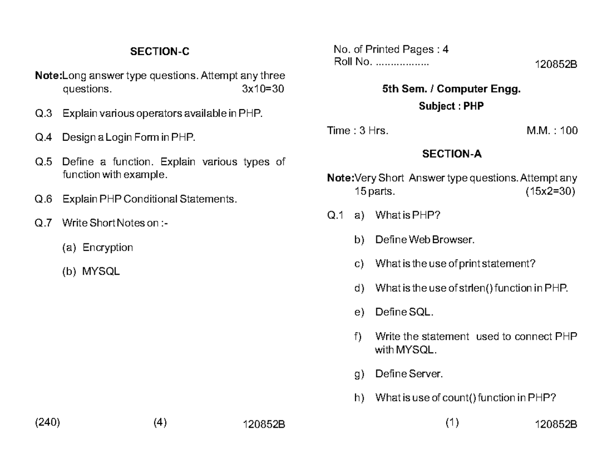 Computer 5 sem php 120852 b may 2018 - SECTION-A Note:Very Short Answer ...
