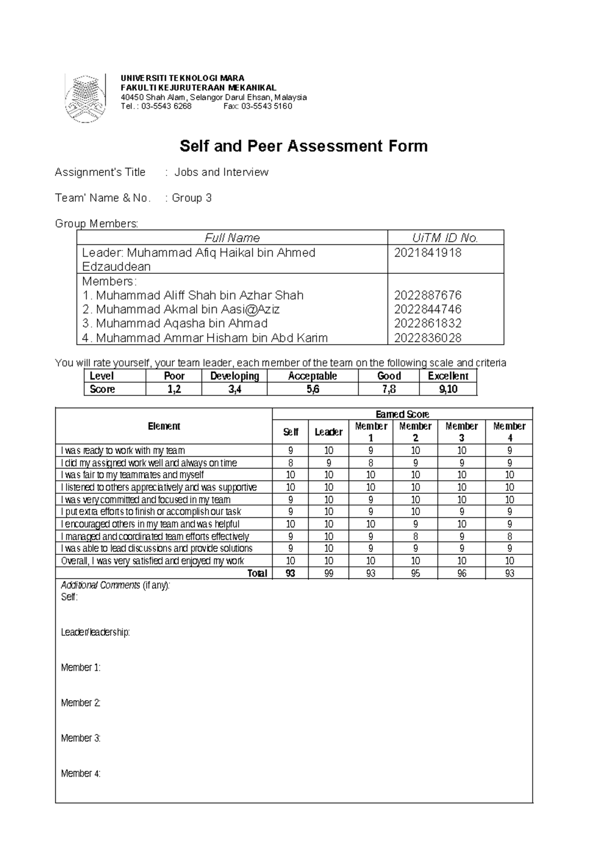 Self peer assessment - UNIVERSITI TEKNOLOGI MARA FAKULTI KEJURUTERAAN ...