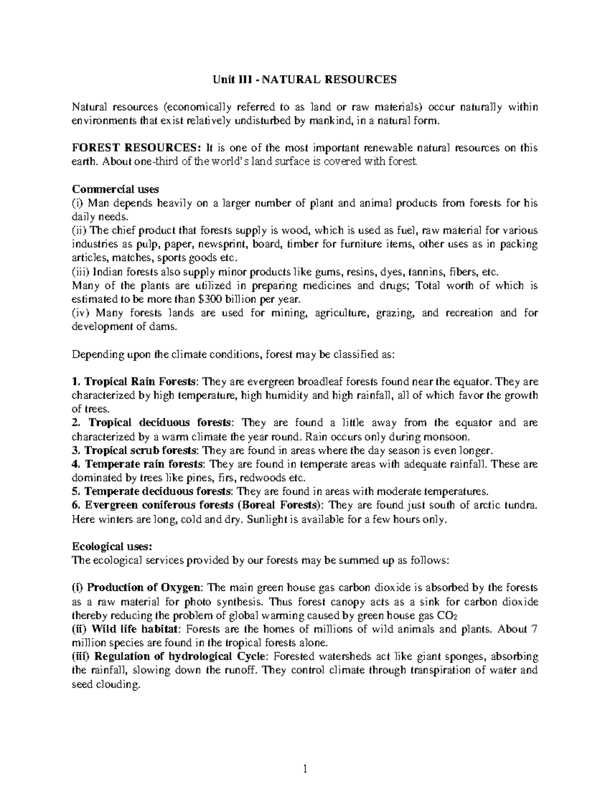 90929 - Notes - Unit III - NATURAL RESOURCES Natural resources ...