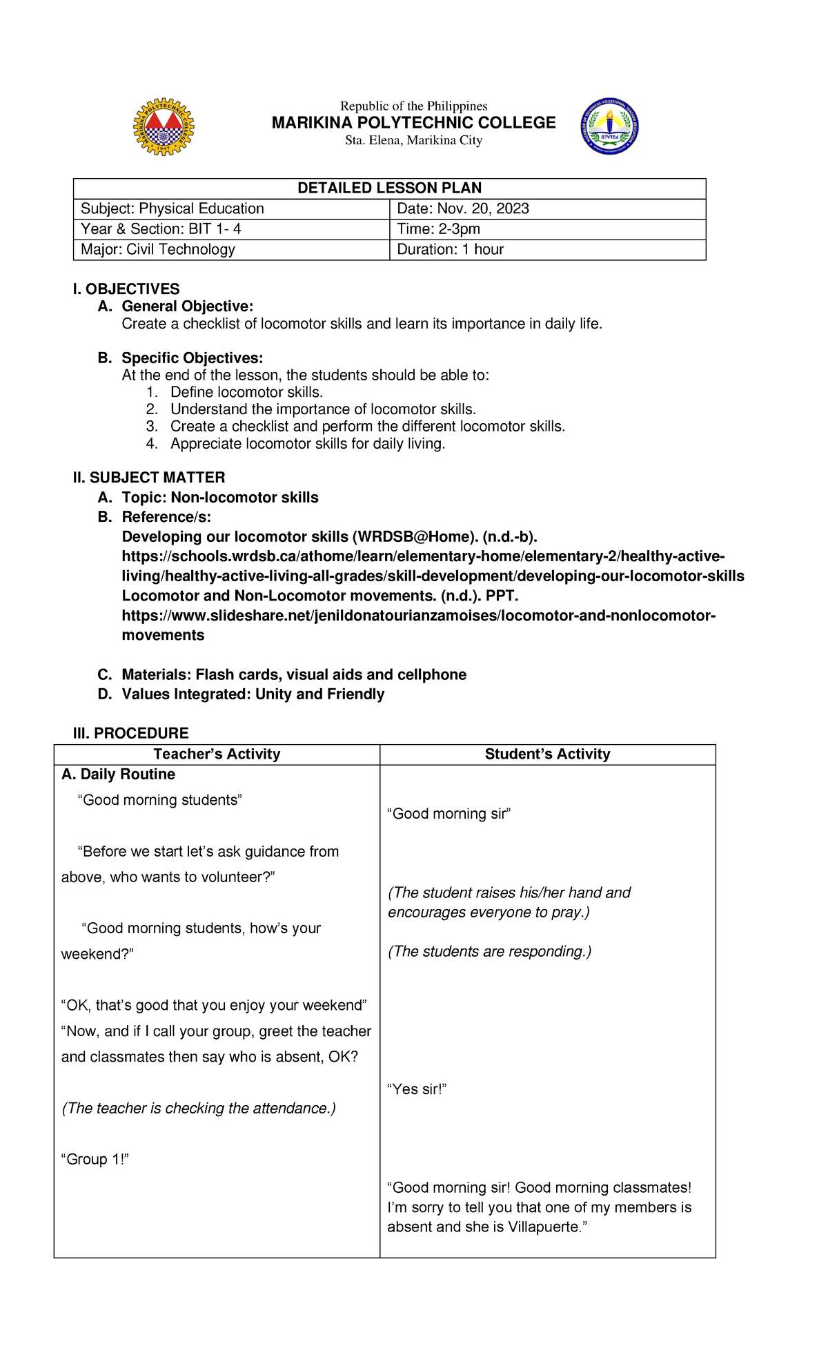 11DLP locomotor skills Manuel A. Panganiban - Republic of the ...