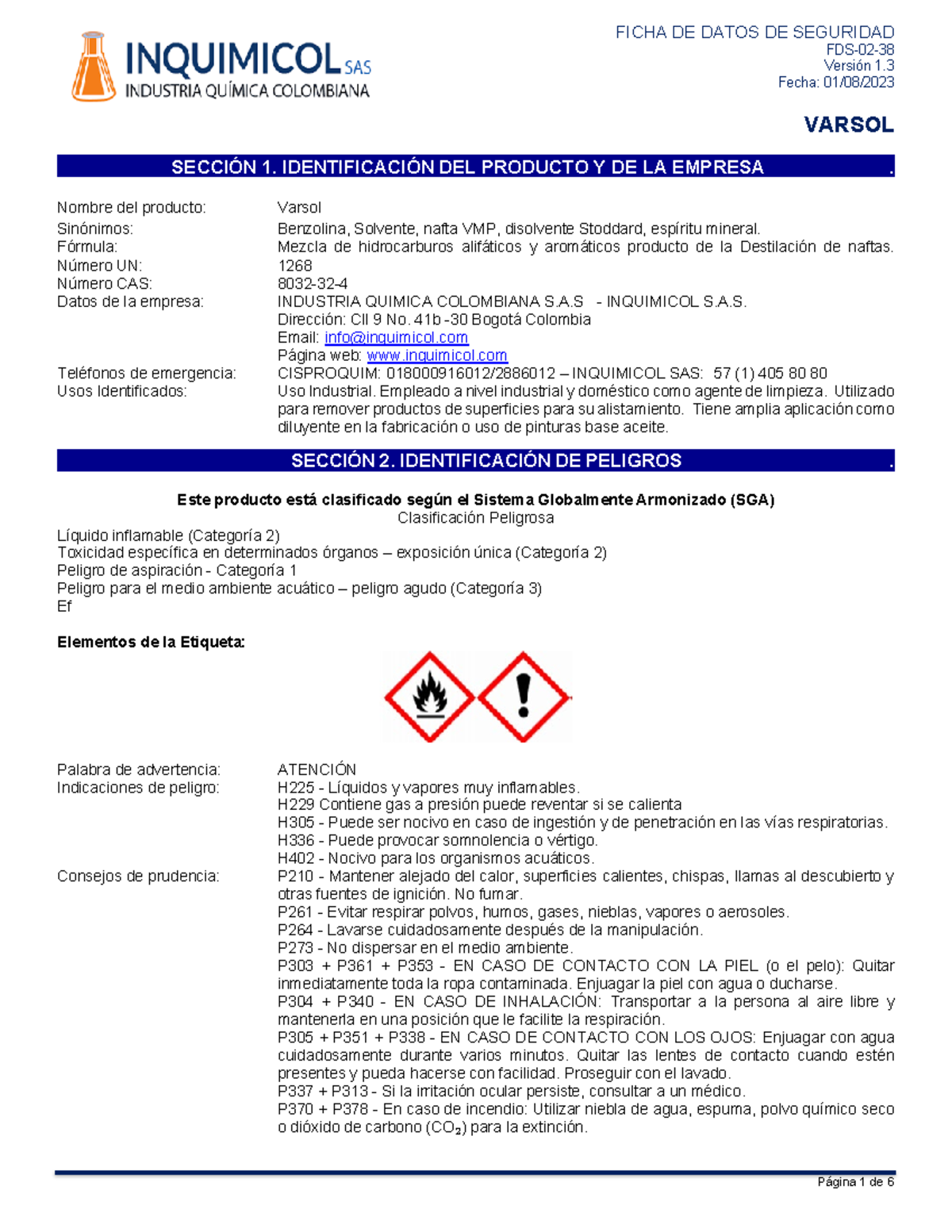 FDS-02-38 Ficha DE Datos DE Seguridad Varsol 1 - FDS-02- Versión 1 ...
