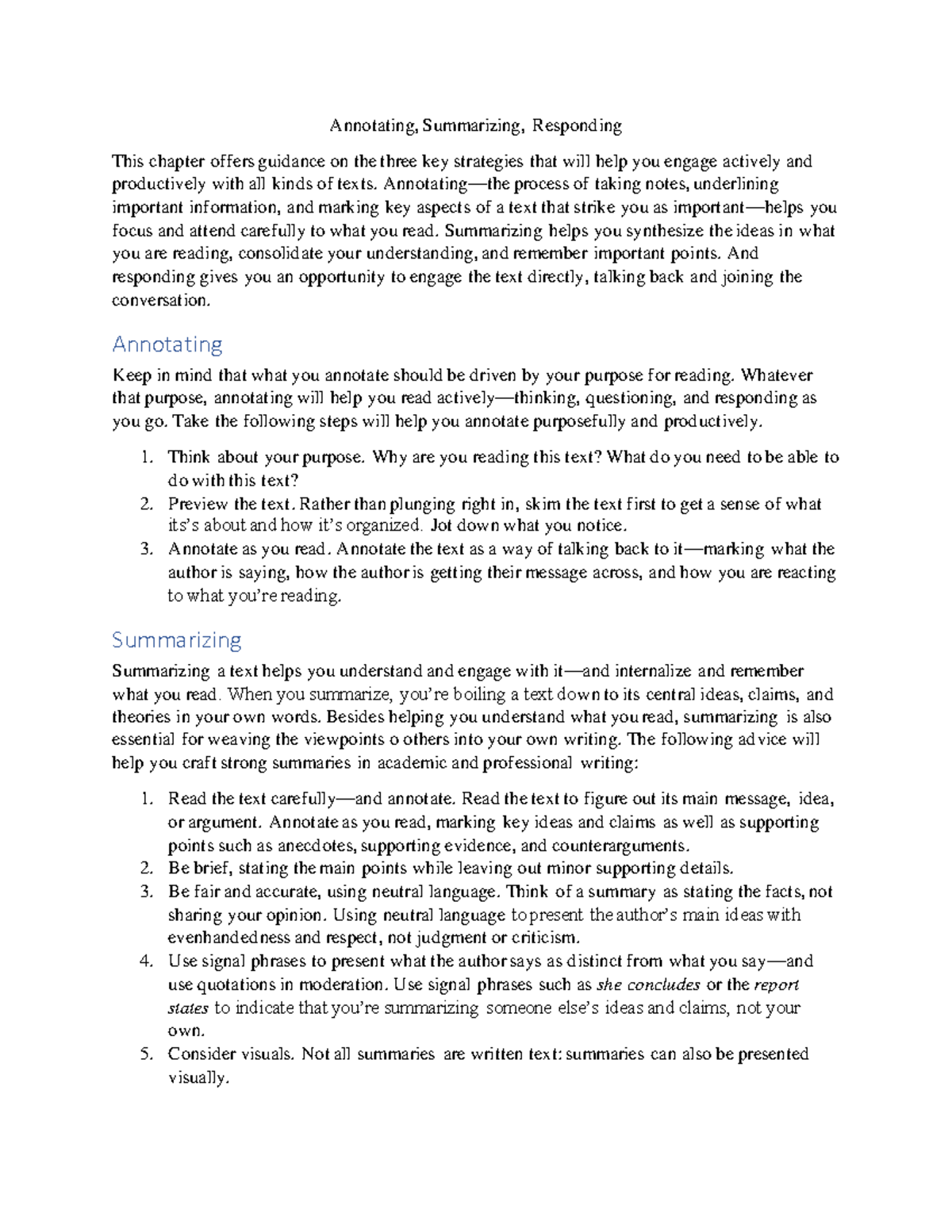 Annotating^J Summarizing^J Responding - Annotating, Summarizing, Responding This chapter offers ...