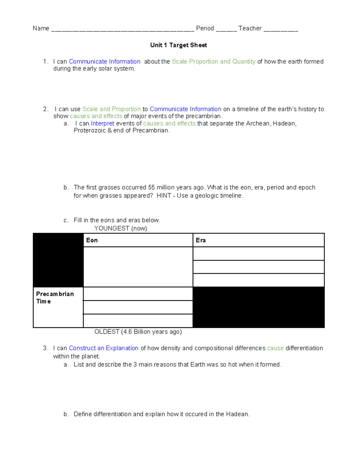 Unit 1 Target Sheet - dskjfn - Name ...