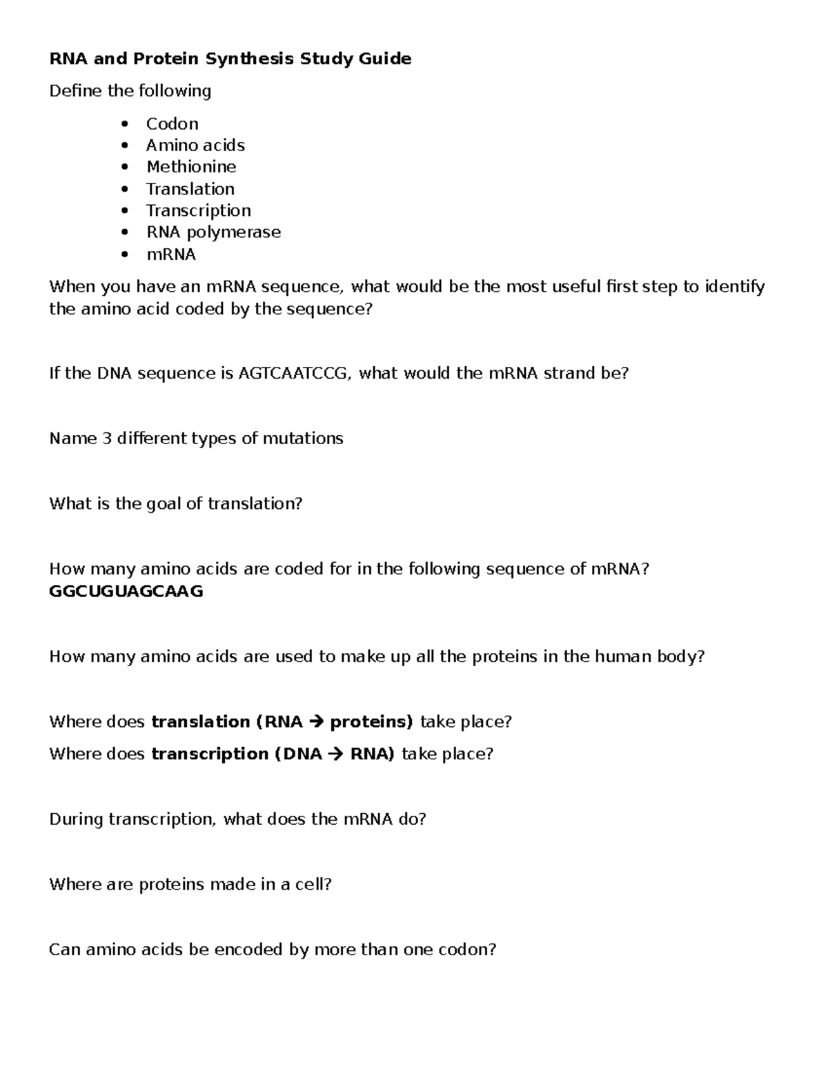 RNA and Protein Synthesis study guide - RNA and Protein Synthesis Study ...