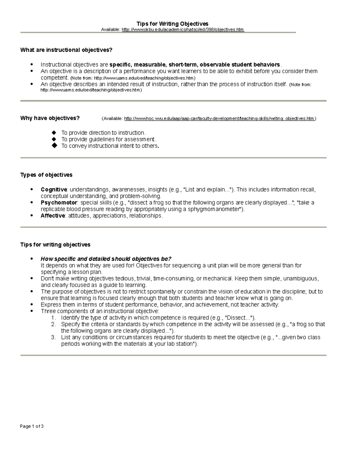 Objective Tips - lecture notes - Tips for Writing Objectives Available ...